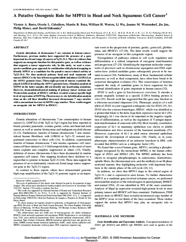 (PDF) A Putative Oncogenic Role for MPP11 in Head and Neck Squamous ...