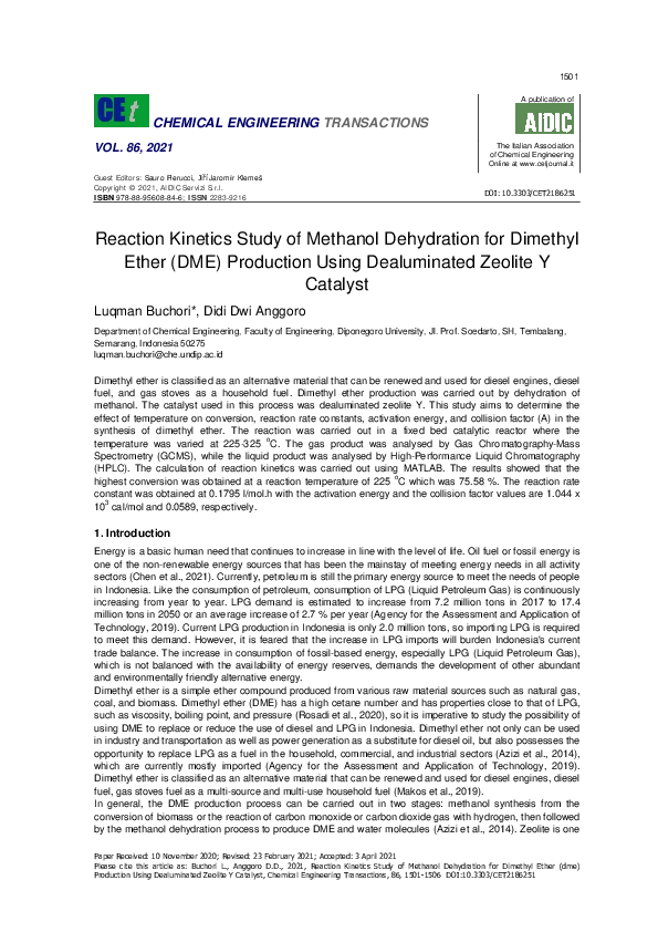 (PDF) Reaction Kinetics Study of Methanol Dehydration for Dimethyl ...