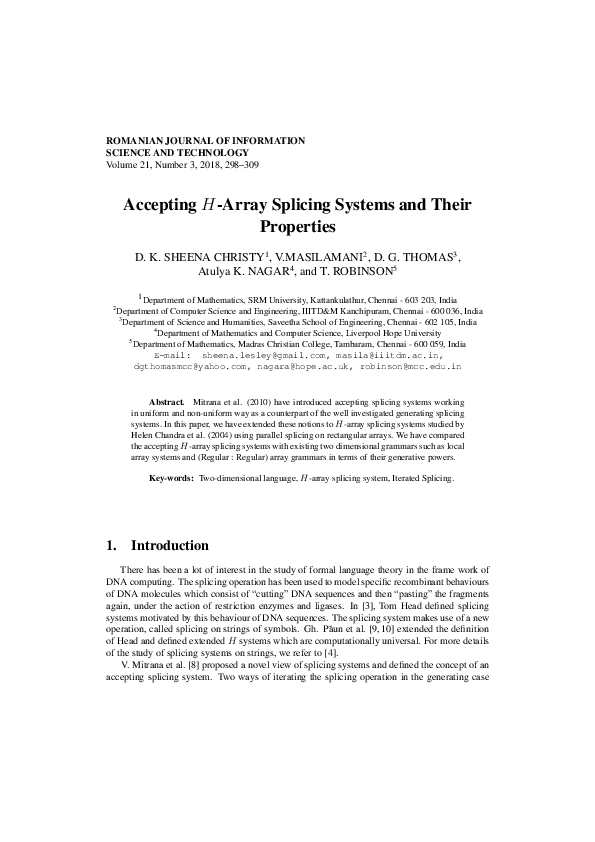 (PDF) Accepting H-Array Splicing Systems and Their Properties