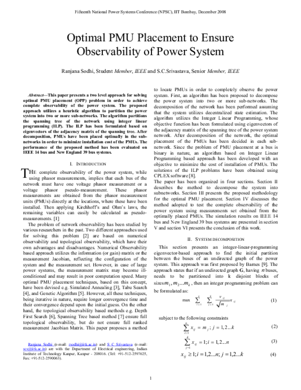Pdf Optimal Pmu Placement To Ensure Observability Of Power System