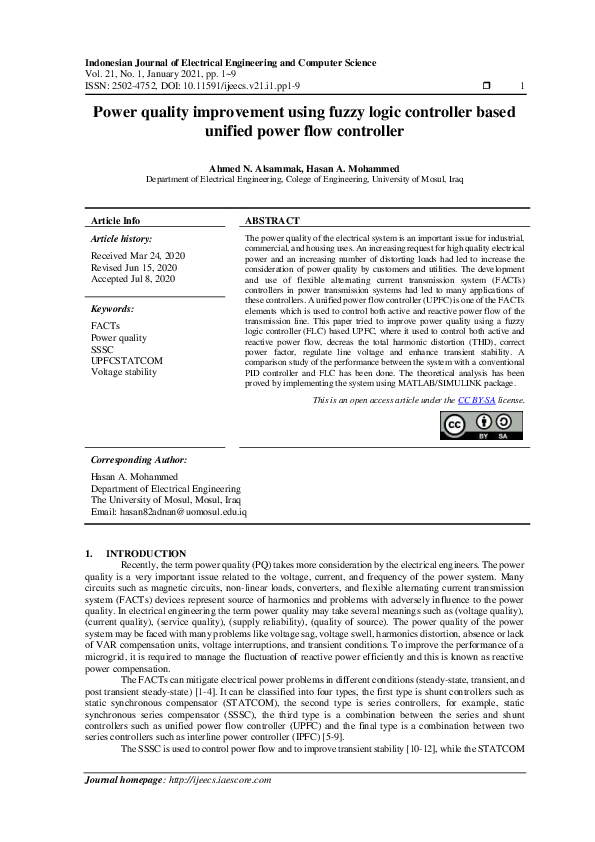 Pdf Power Quality Improvement Using Fuzzy Logic Controller Based