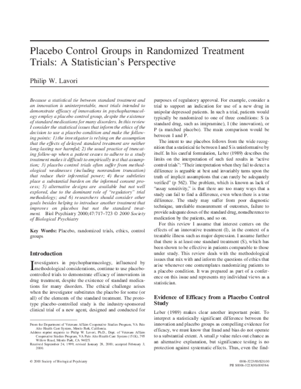 (PDF) Placebo control groups in randomized treatment trials: a ...