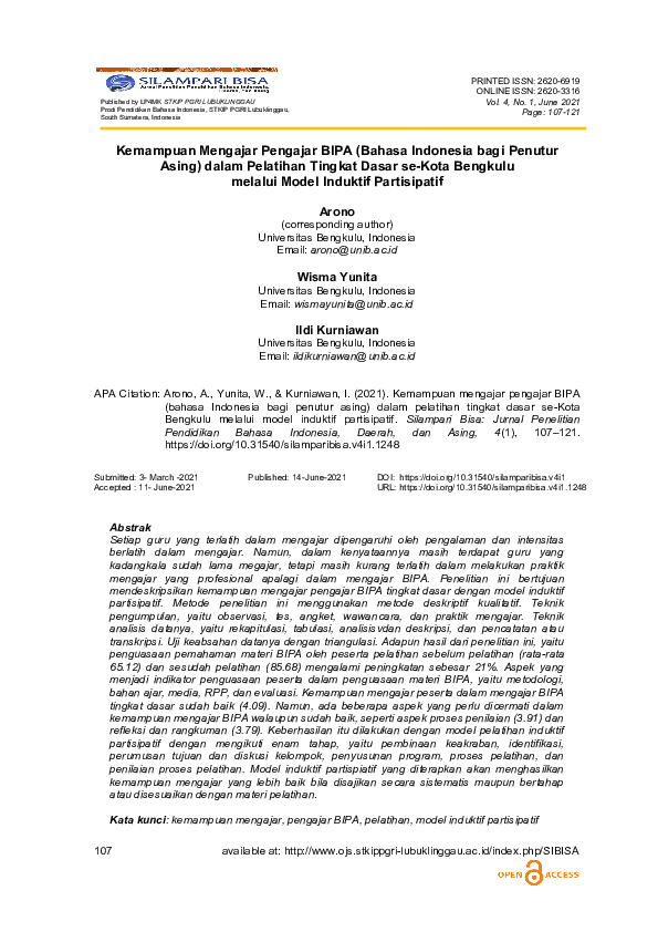 (PDF) Kemampuan Mengajar Pengajar BIPA (Bahasa Indonesia bagi Penutur Asing) dalam Pelatihan ...