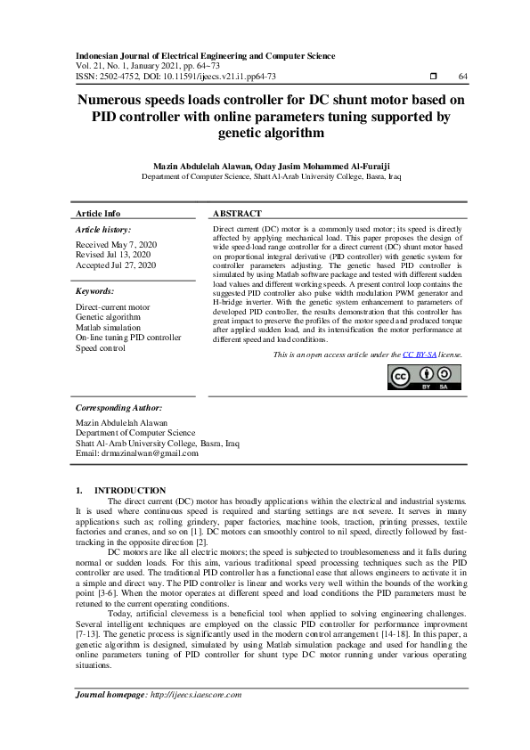 Pdf Numerous Speeds Loads Controller For Dc Shunt Motor Based On Pid Controller With Online 6089