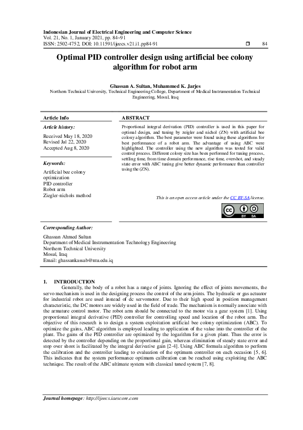 Pdf Optimal Pid Controller Design Using Artificial Bee Colony Algorithm For Robot Arm
