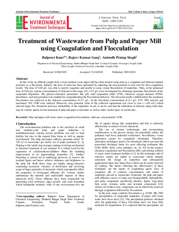 (PDF) Treatment of Wastewater from Pulp and Paper Mill using Coagulation and Flocculation