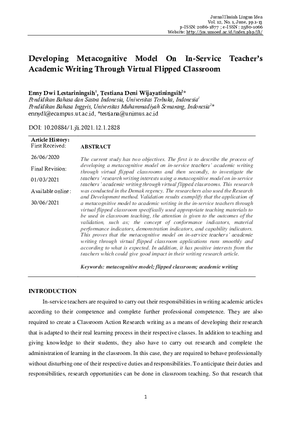 Pdf Developing Metacognitive Model On In Service Teachers Academic Writing Through Virtual