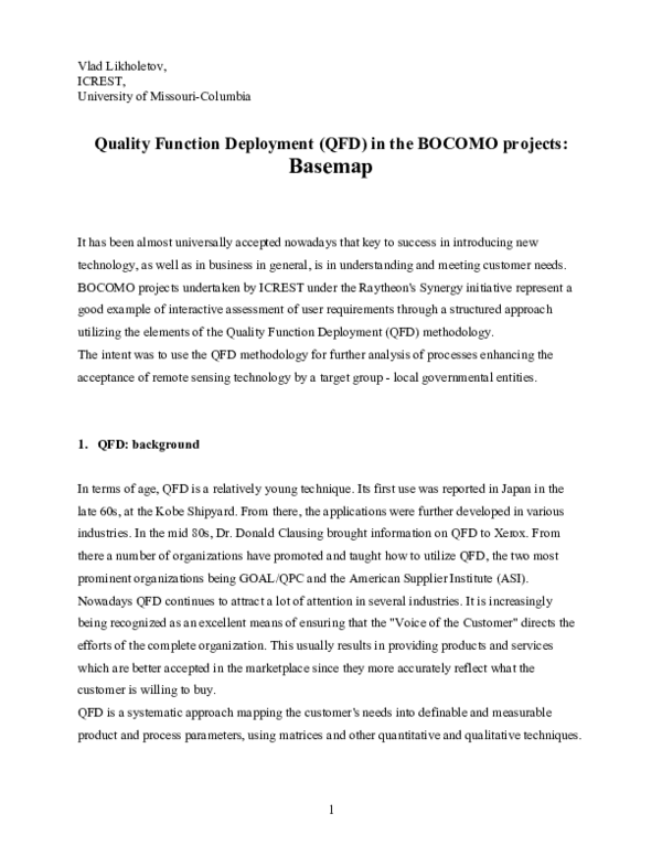 (PDF) Quality Function Deployment ( QFD ) in the BOCOMO projects : Basemap