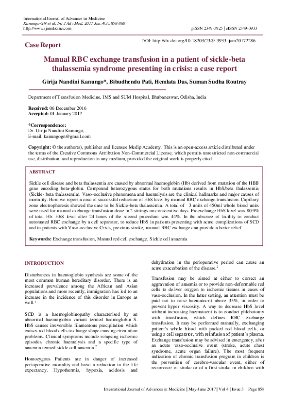 (PDF) Manual RBC exchange transfusion in a patient of sickle-beta ...