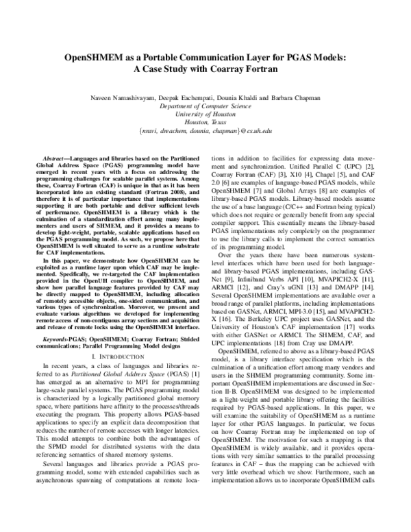(PDF) OpenSHMEM as a Portable Communication Layer for PGAS Models: A Case Study with Coarray Fortran