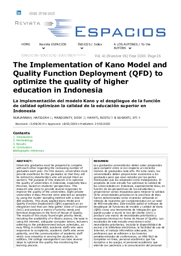 Pdf The Implementation Of Kano Model And Quality Function Deployment To Optimize The Quality