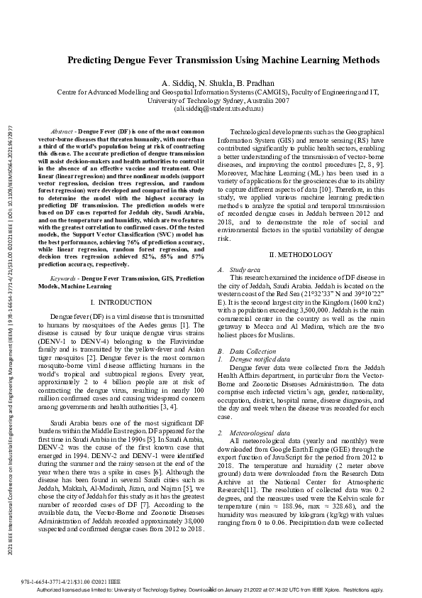 (PDF) Predicting Dengue Fever Transmission Using Machine Learning Methods