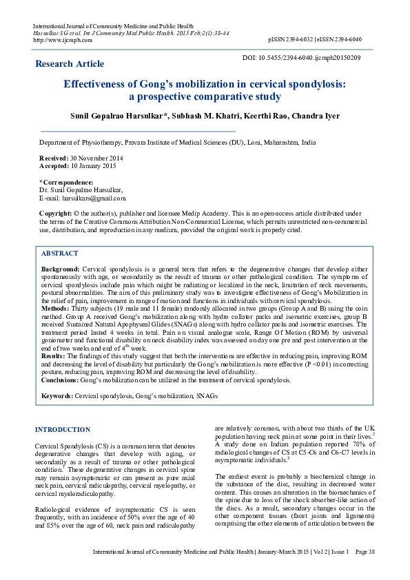 (PDF) Effectiveness of Gong's mobilization in cervical spondylosis: a ...