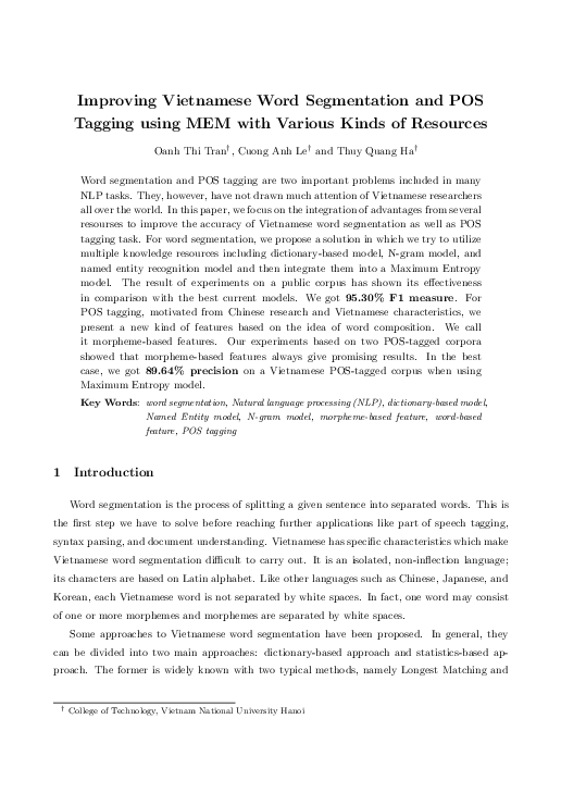 Pdf Improving Vietnamese Word Segmentation And Pos Tagging Using Mem