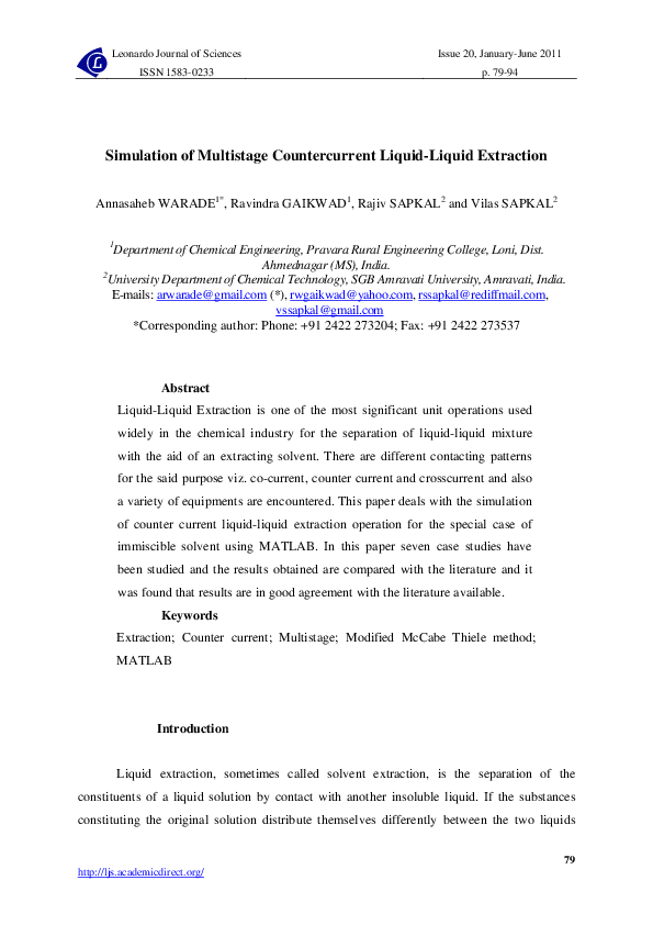 (PDF) Simulation of Multistage Countercurrent Liquid-Liquid Extraction