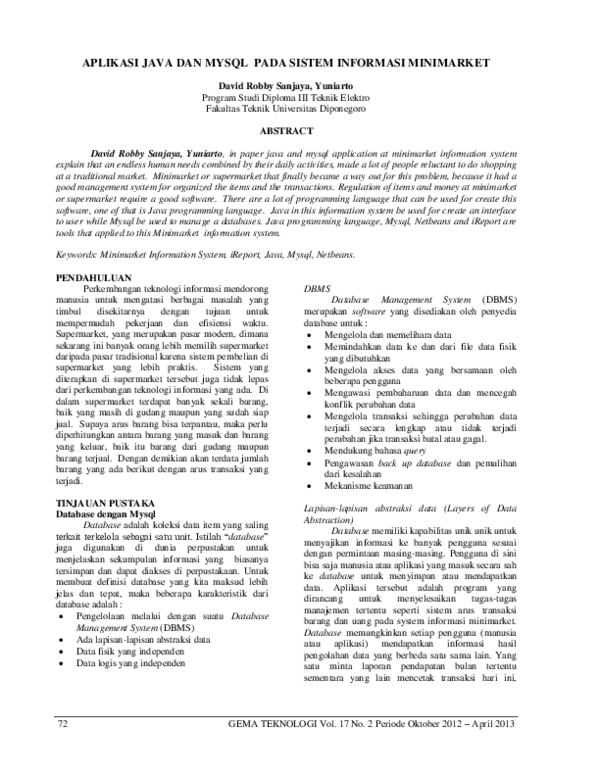 (PDF) Aplikasi Java Dan Mysql Pada Sistem Informasi Minimarket