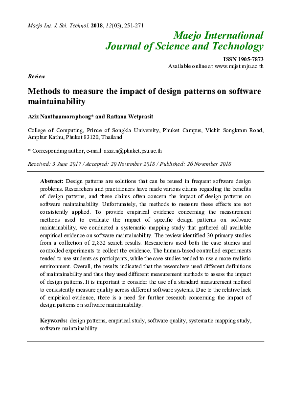 (PDF) Methods to measure the impact of design patterns on software maintainability