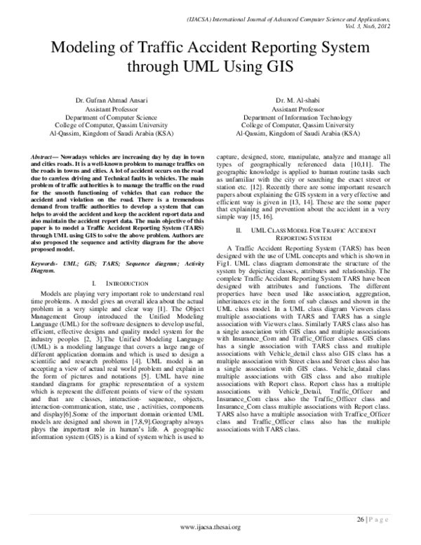 Pdf Modeling Of Traffic Accident Reporting System Through Uml Using Gis