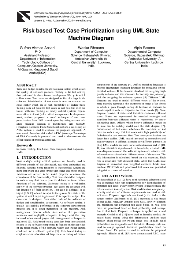 Pdf Risk Based Test Case Prioritization Using Uml State Machine Diagram Gufran Ansari