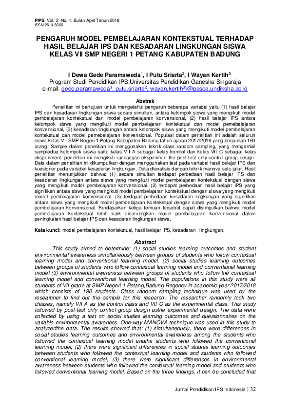 (PDF) Pengaruh Model Pembelajaran Kontekstual Terhadap Hasil Belajar Ipa Siswa SD