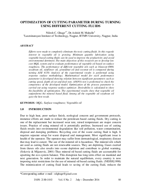 (PDF) Optimization of Cutting Parameter during Turning Using Different Cutting Fluids