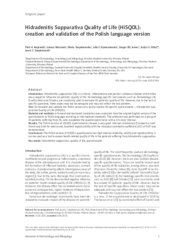 (PDF) Hidradenitis Suppurativa Quality of Life (HiSQOL): creation and ...