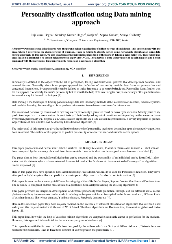 (PDF) Personality classification using Data mining approach