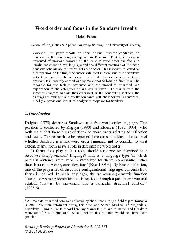 (PDF) Word order and focus in the Sandawe irrealis | Helen Eaton ...
