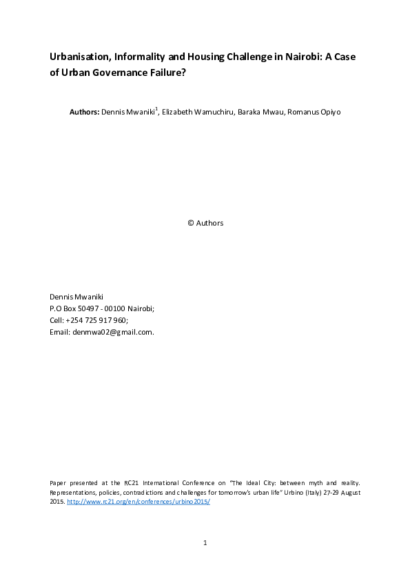 (PDF) Urbanisation, Informality and Housing Challenge in Nairobi: A ...
