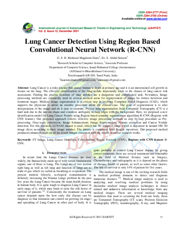 Pdf Lung Cancer Detection Using Region Based Convolutional Neural