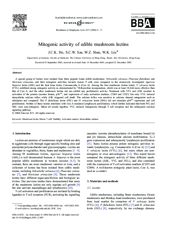 (PDF) Mitogenic activity of edible mushroom lectins