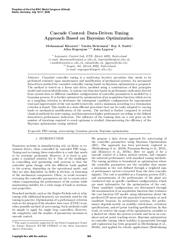 Pdf Cascade Control Data Driven Tuning Approach Based On Bayesian