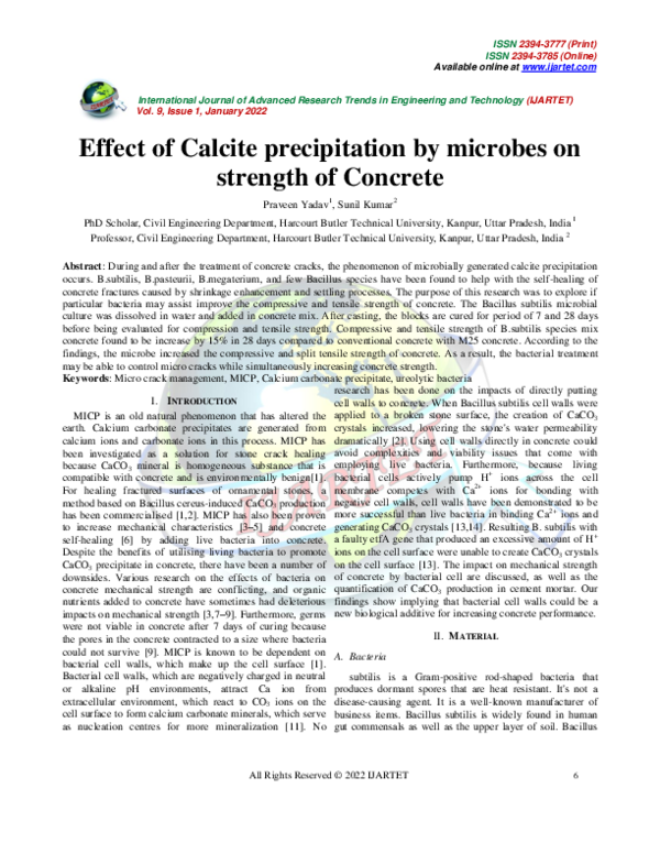 (PDF) Effect of Calcite precipitation by microbes on strength of Concrete
