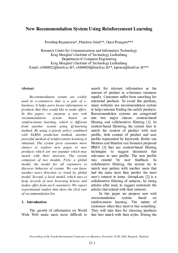 (PDF) New Recommendation System Using Reinforcement Learning