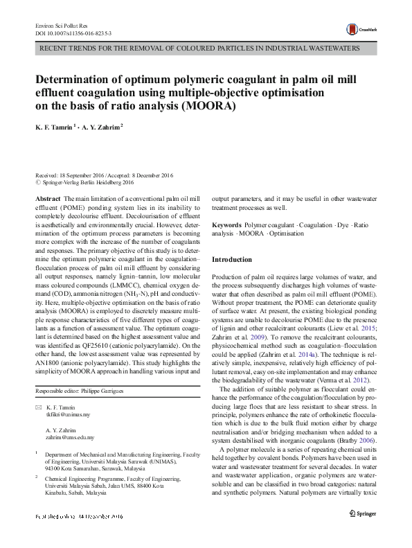 (PDF) Determination of optimum polymeric coagulant in palm oil mill ...