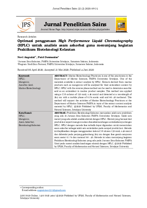 (PDF) Optimasi penggunaan High Performance Liquid Chromatography (HPLC) untuk analisis asam ...