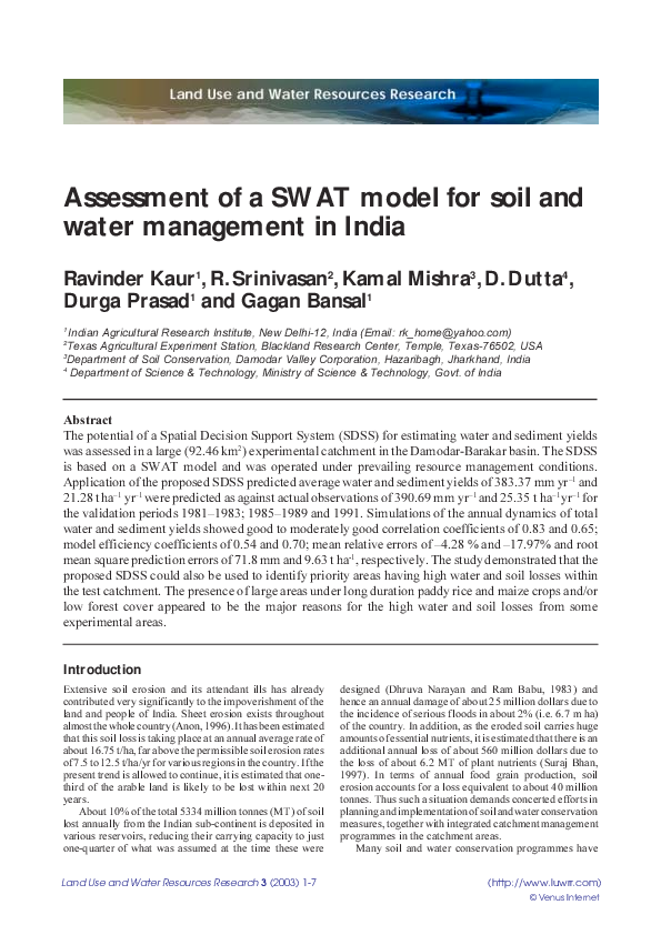 (PDF) Assessment of a SWAT model for soil and water management in India