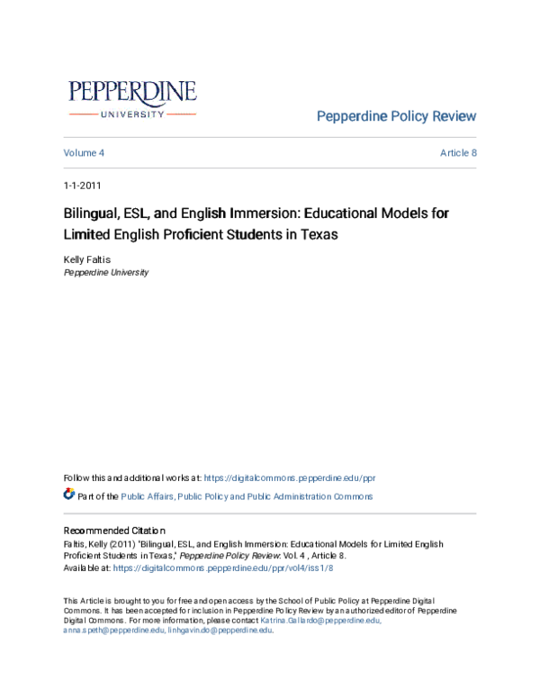 (PDF) Bilingual, ESL, and English Immersion: Educational Models for ...