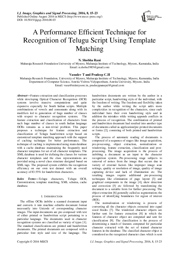 (PDF) A Performance Efficient Technique for Recognition of Telugu Script Using Template Matching ...