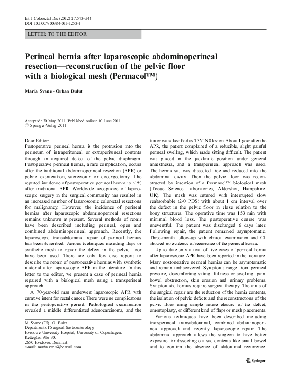 (PDF) Perineal hernia after laparoscopic abdominoperineal resection ...