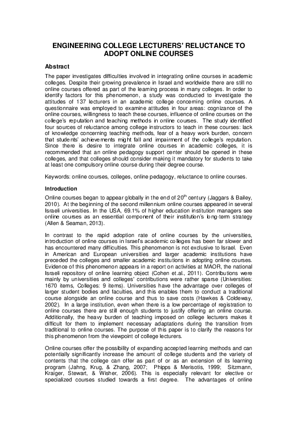 (PDF) Engineering College Lecturers Reluctance to Adopt Online Courses
