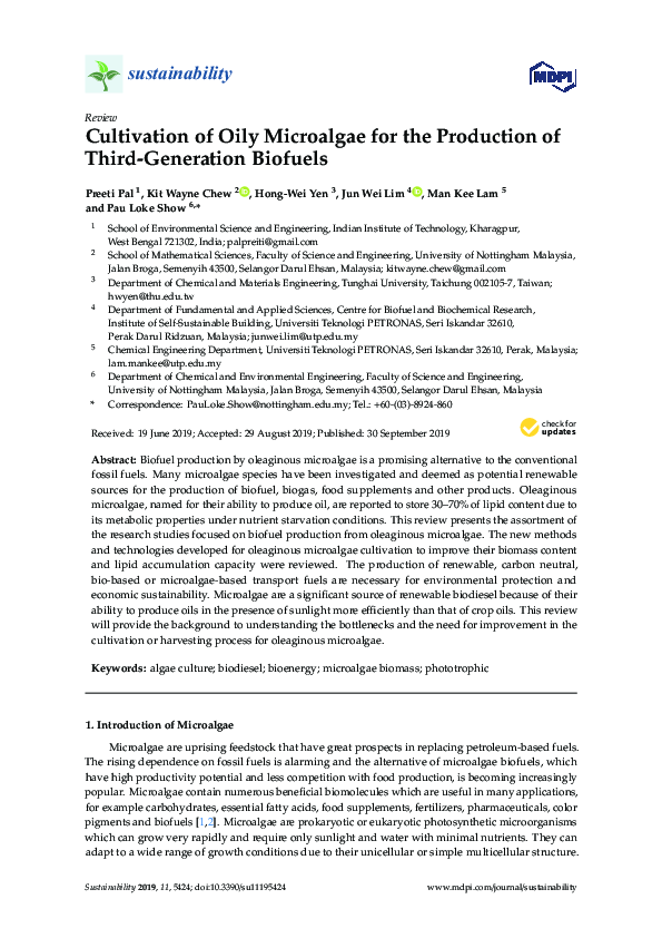 (PDF) Cultivation of Oily Microalgae for the Production of Third-Generation Biofuels