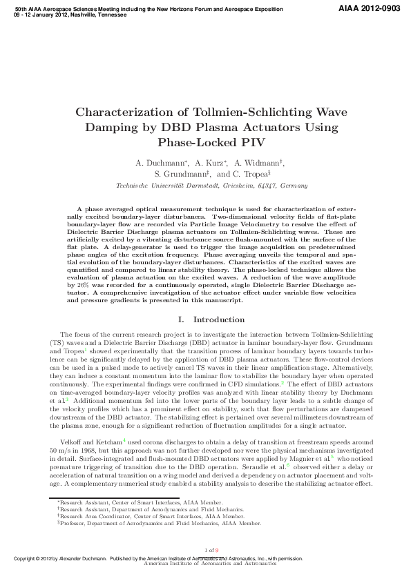 (PDF) Characterization of Tollmien–Schlichting wave damping by DBD plasma actuators using phase ...