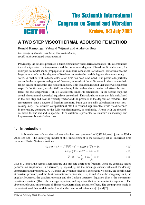 (PDF) A two step viscothermal acoustic FE method | Ysbrand Wijnant ...