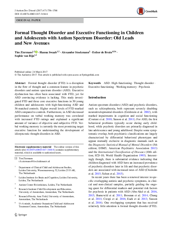 (PDF) Formal Thought Disorder and Executive Functioning in Children and Adolescents with Autism ...