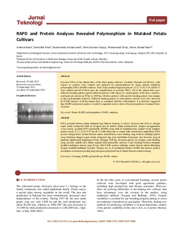 (PDF) RAPD and Protein Analyses Revealed Polymorphism in Mutated Potato ...