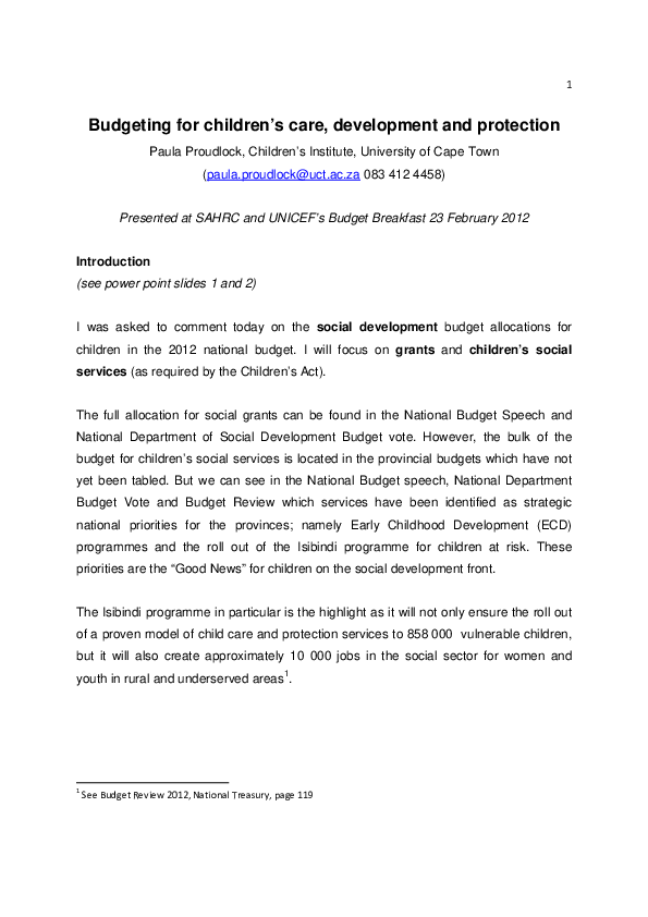 (PDF) Budgeting for children's care, development and protection