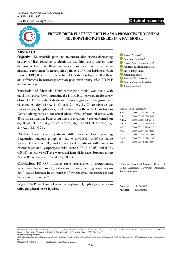 (PDF) Freeze-Dried Platelet-Rich Plasma Promotes Trigeminal Neuropathic ...