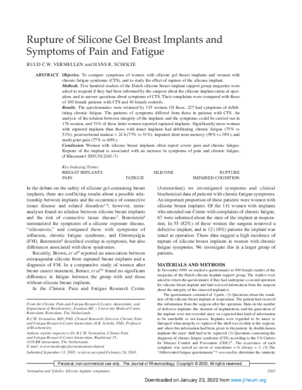 (PDF) Rupture of silicone gel breast implants and symptoms of pain and ...
