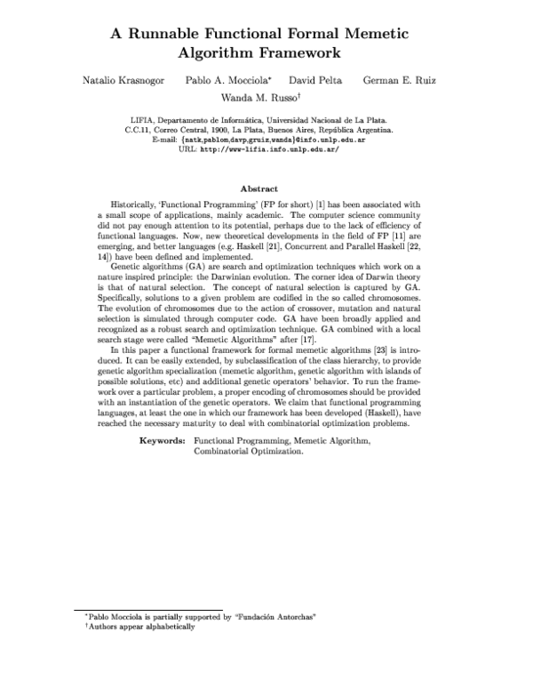 (PDF) A runnable functional formal memetic algorithm framework